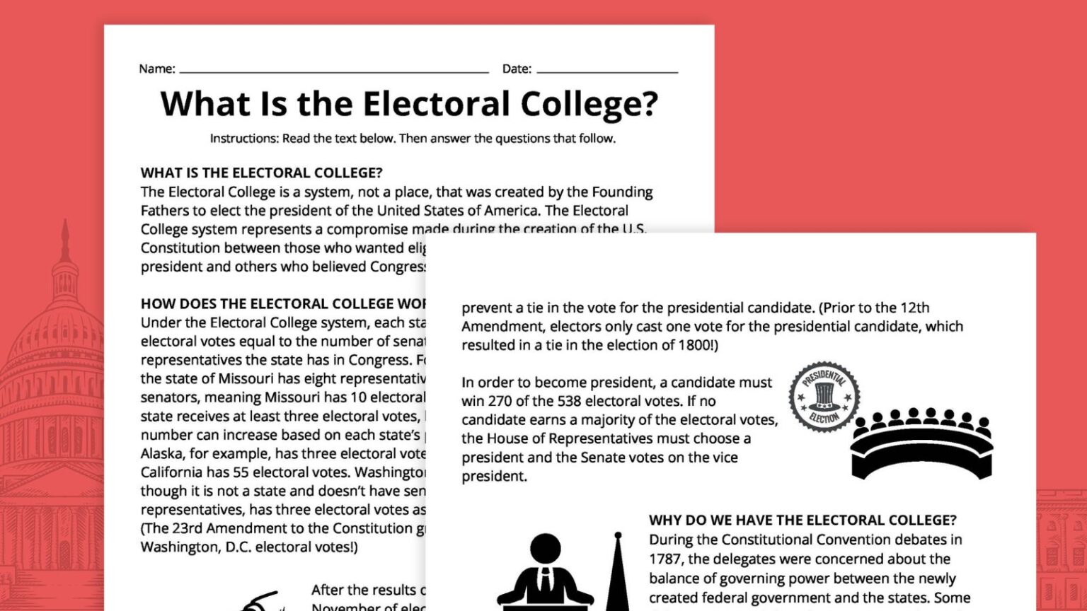 Free Printable Electoral College Worksheet Bundle