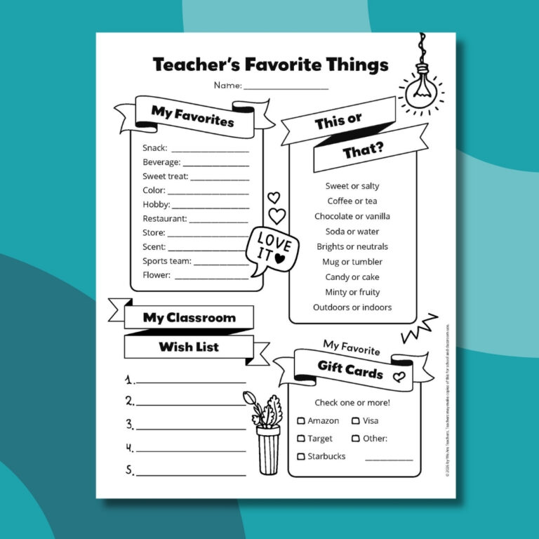 Teacher's Favorite Things Form (Free Printable)