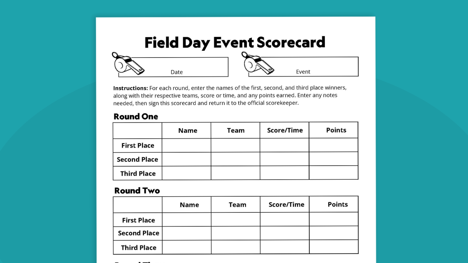 Free Printable Field Day Scorecards - December 2025