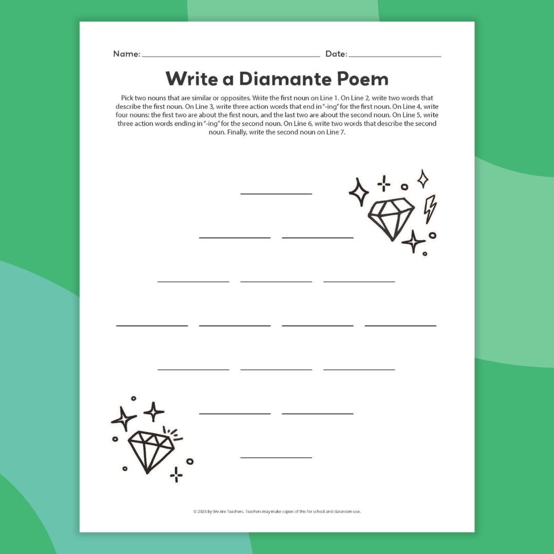 Diamante Poem Worksheets (Free Printable Bundle) - We Are Teachers