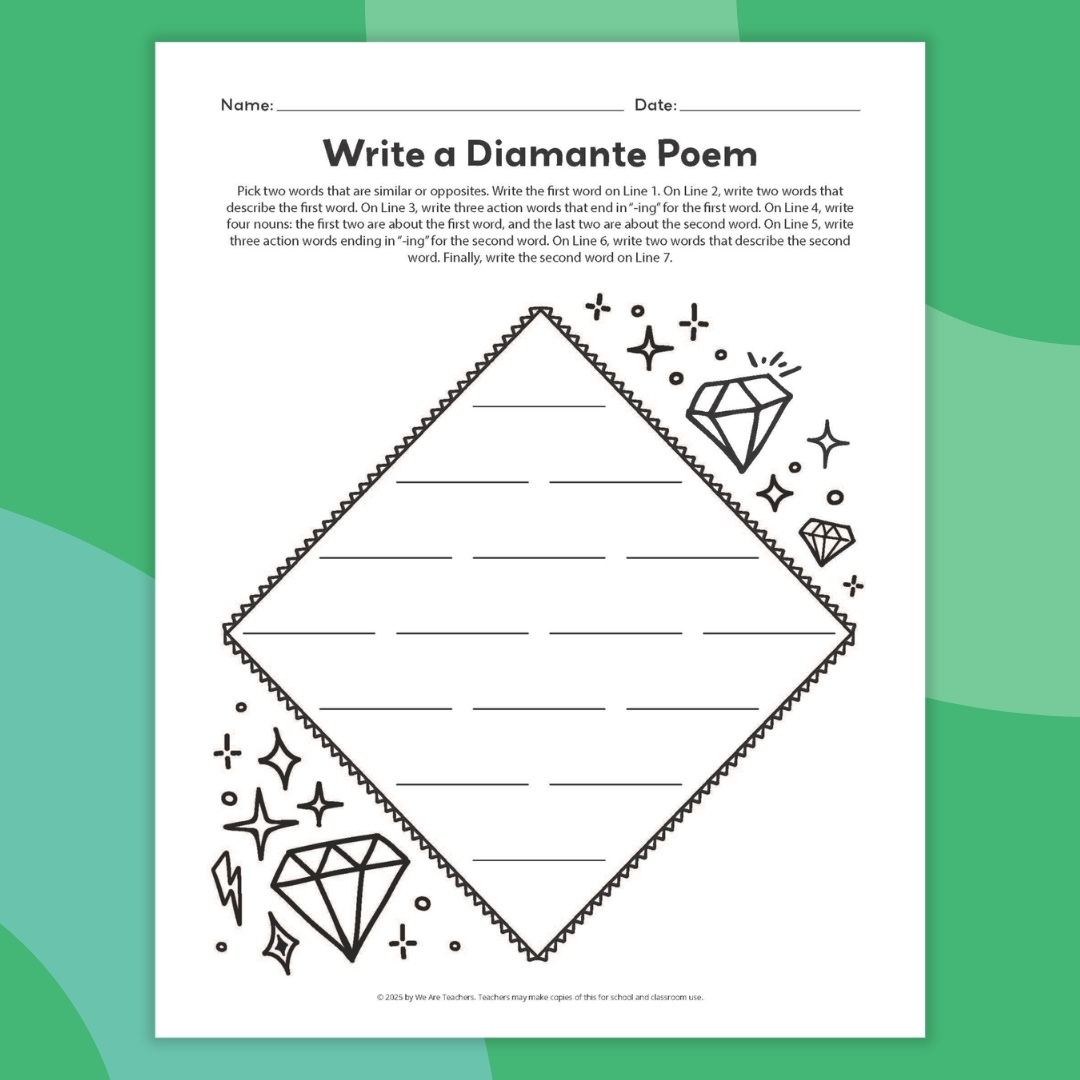 Diamante Poem Worksheets (Free Printable Bundle) - We Are Teachers