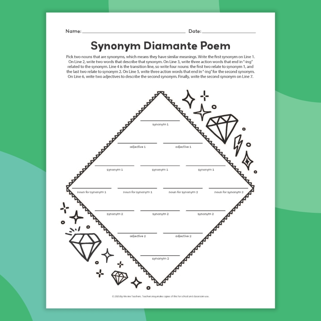 Diamante Poem Worksheets (Free Printable Bundle) - We Are Teachers