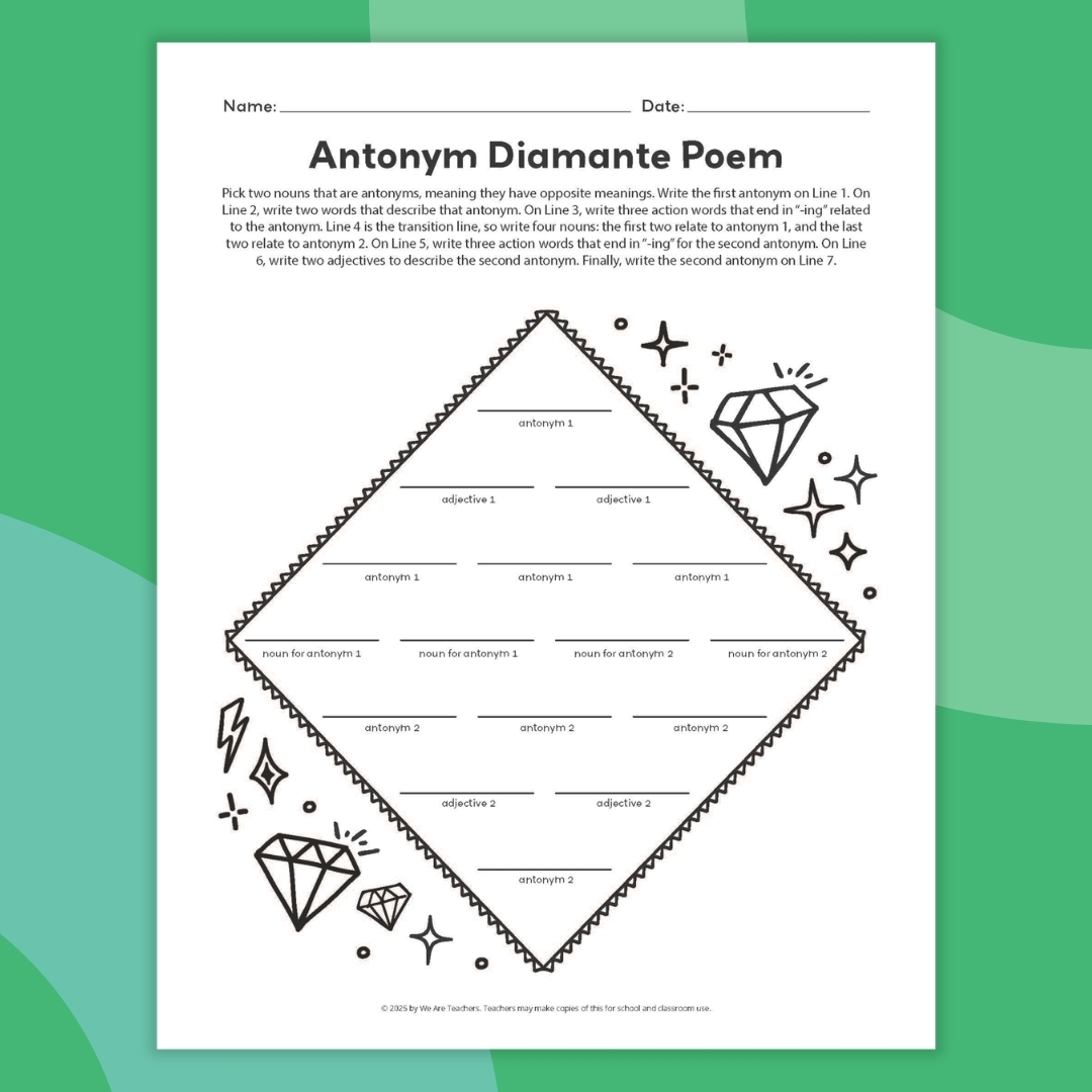 Diamante Poem Worksheets (Free Printable Bundle) - We Are Teachers