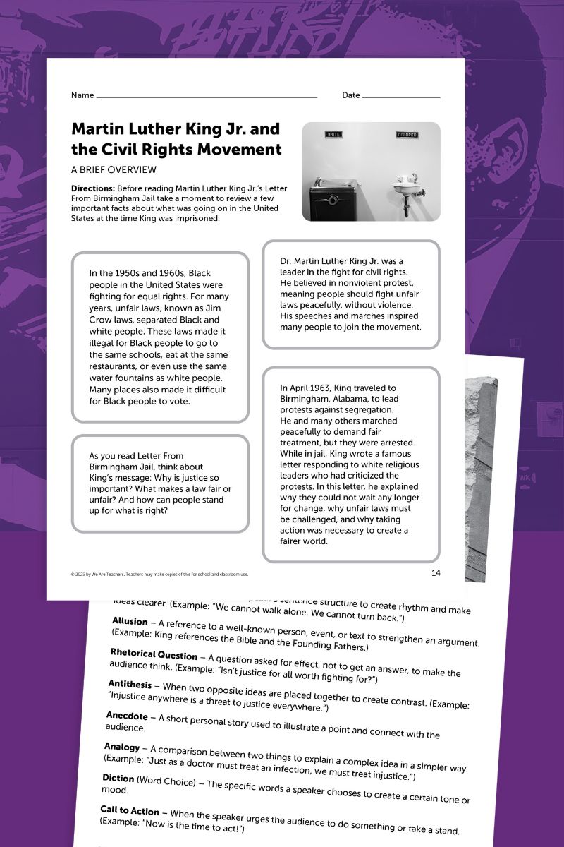 MLK Jr.'s Letter from Birmingham Jail Worksheet Bundle - Gatanippo.com