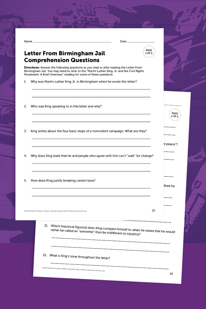MLK Jr.'s Letter from Birmingham Jail Worksheet Bundle - Gatanippo.com