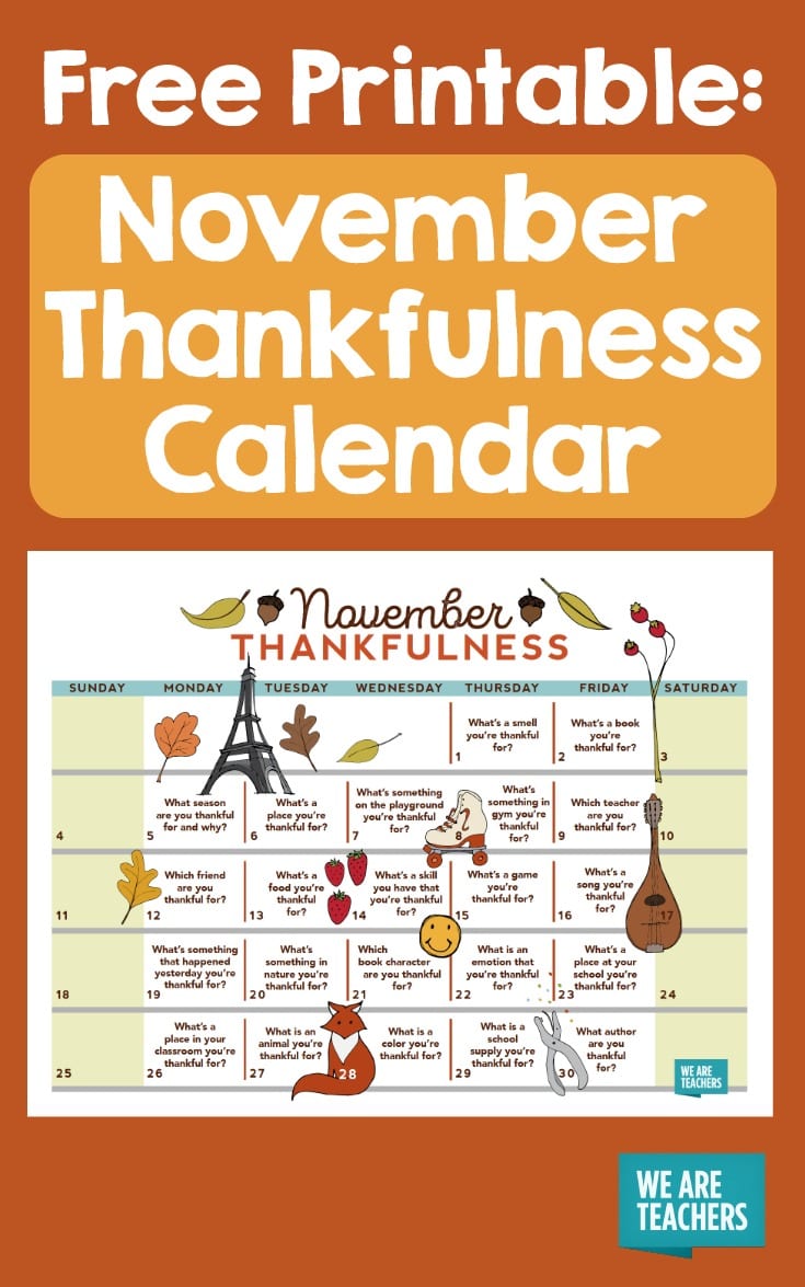 Free Nov. 2018 Thanksgiving Thankfulness Calendar for Teachers