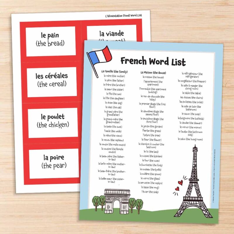 French Vocabulary Words (Free Printable List, Cards, Activities)
