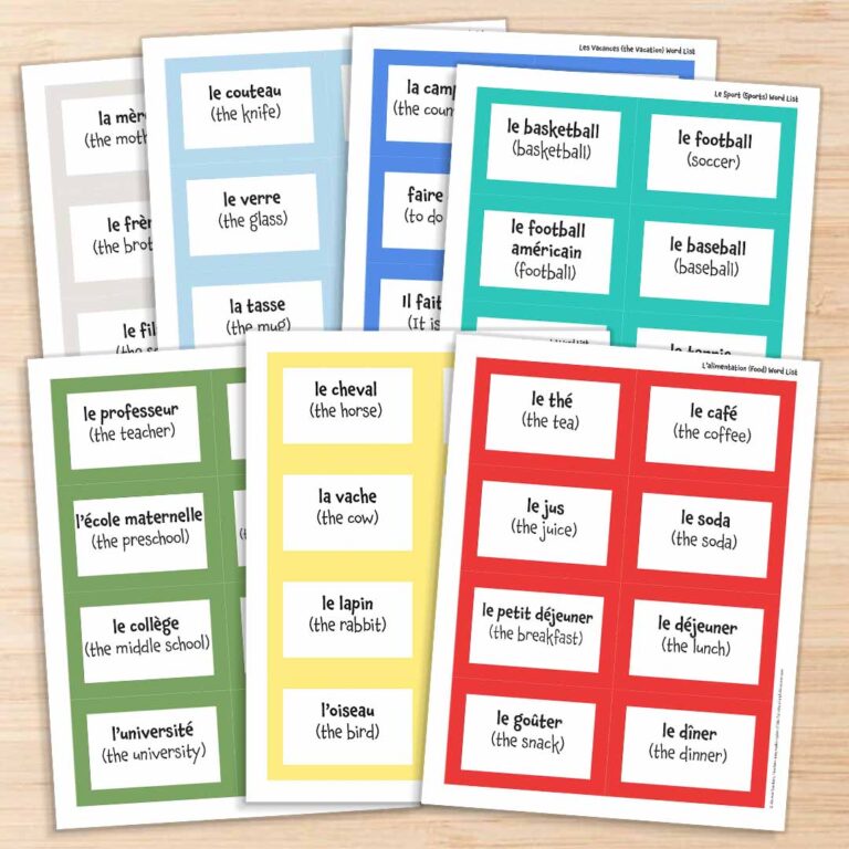 French Vocabulary Words (Free Printable List, Cards, Activities)