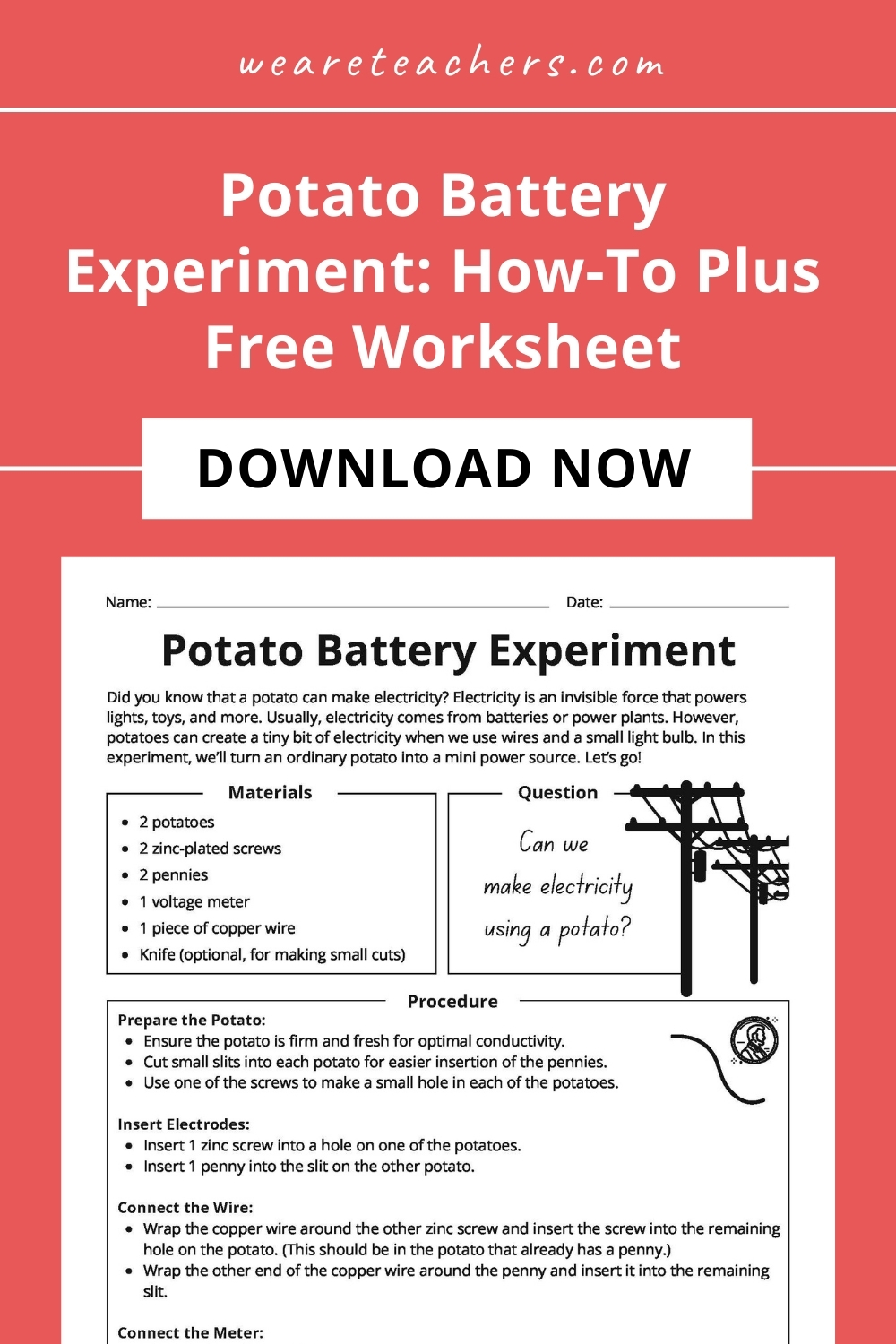 Potato Battery Experiment: How-To Plus Free Worksheet